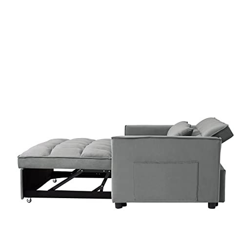 Eafurn 3 in 1 Sleeper Bed,Convertible Pull Out Loveseat with Reclining Backrest,Comfy 2 Seater Love Seat Lounge Sofa & Couches for Living Room Sofabed, Grey Button Tufted w/ 2 Lumbar Pillows
