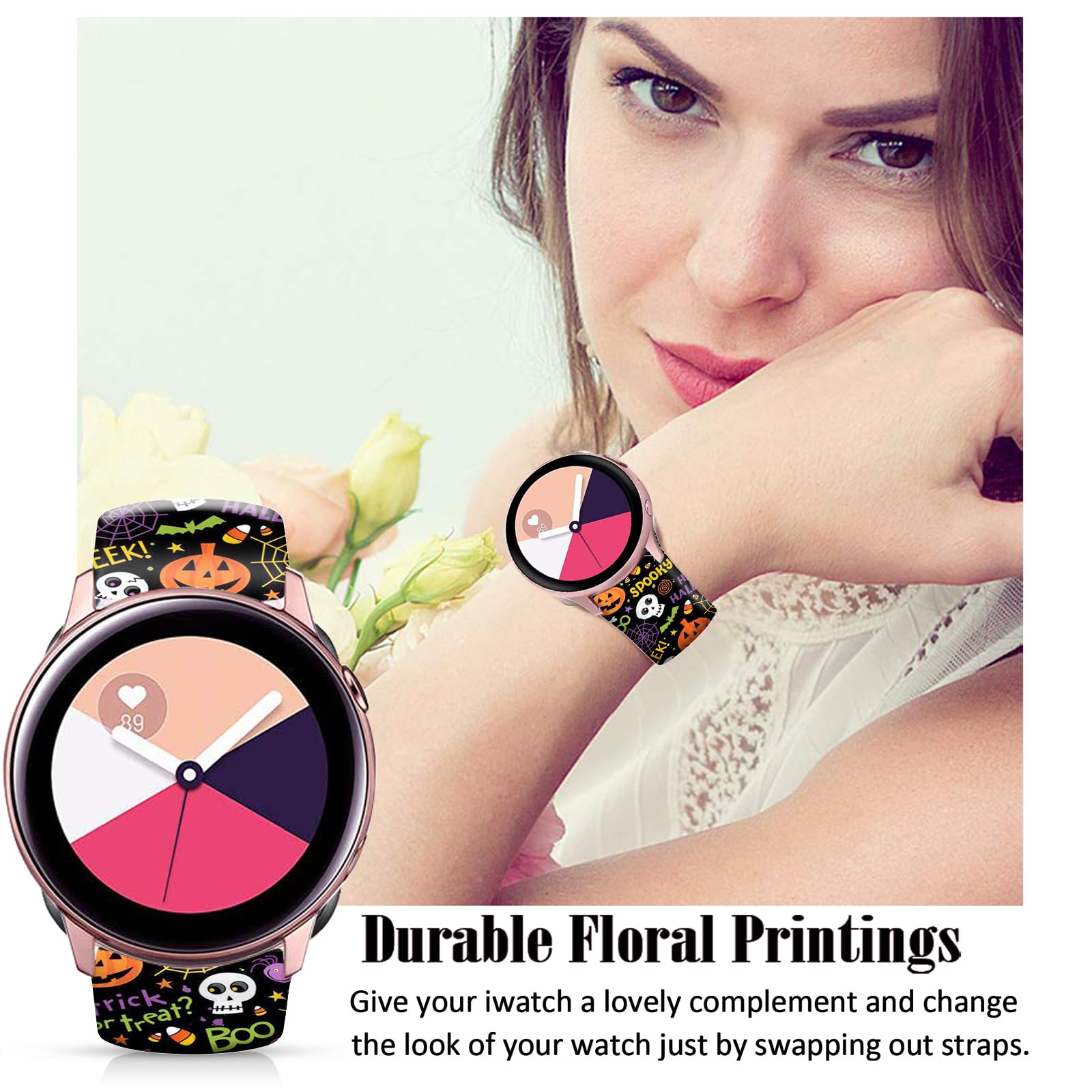 FTFCASE 20mm Floral Silicone Sport Bands Compatible for Samsung Galaxy Wacth 7/6/5/4/3/5 Pro/6&4 Classic/Wacth Active 2&1, Happy Halloween Strap for Galaxy Watch 40/41/42/43/44/45/46/47mm Women Men