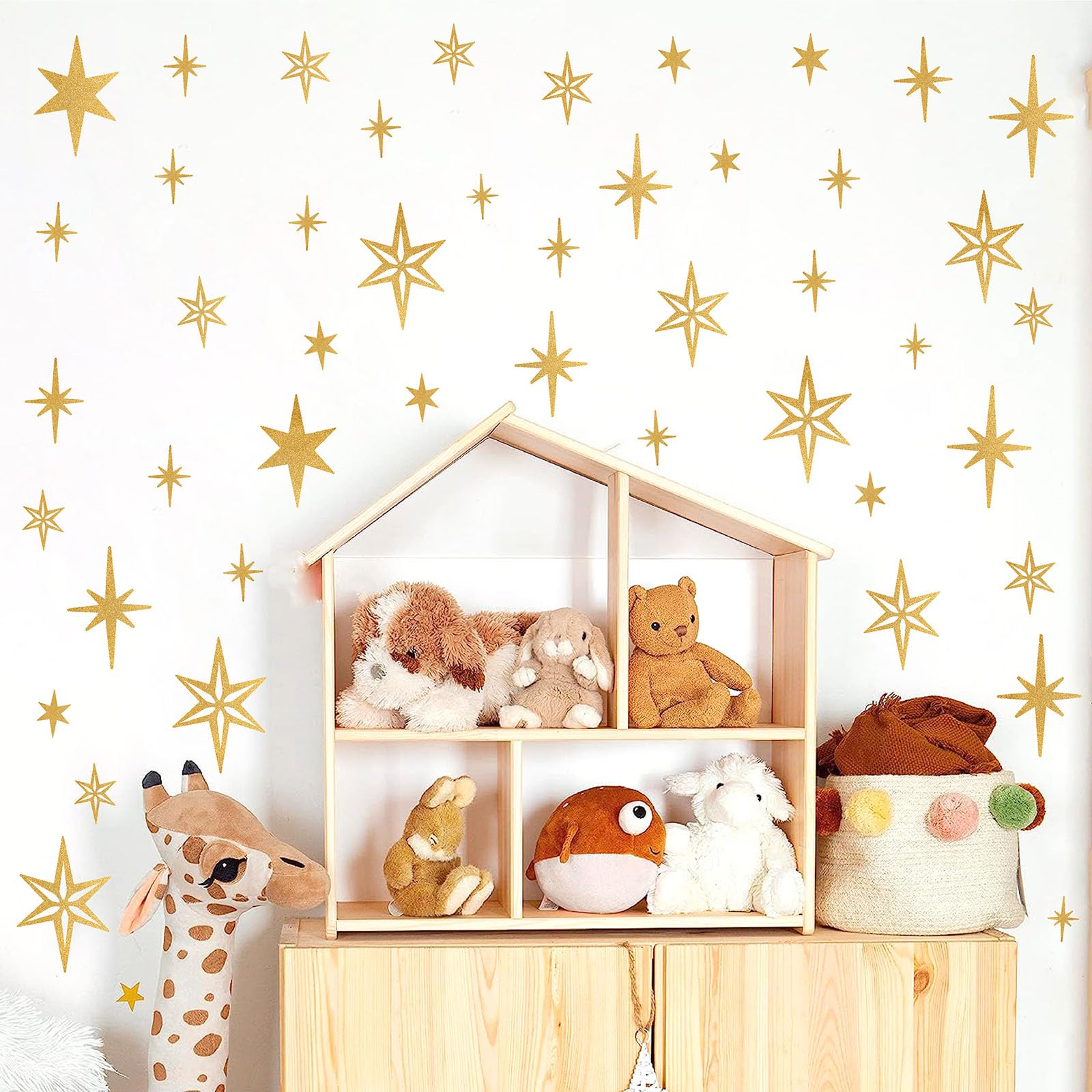 Gold Star Wall Decals Metallic Vinyl Star Wall Stickers Gold Sticker Wall Decor Sparkle Starburst Wall Decals Peel and Stick Retro Star Wall Stickers for Bedroom Living Room Decor