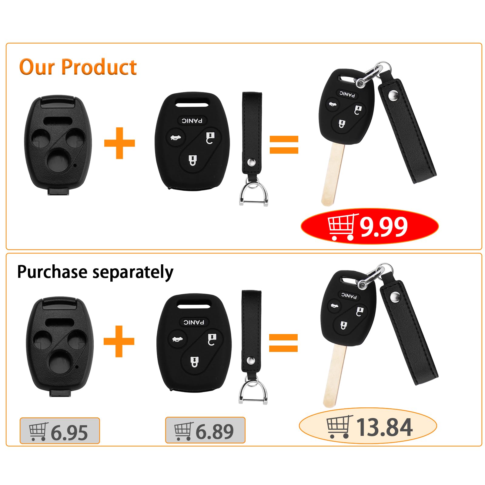 EKALA 2Pcs for Honda Key Shell Replacement with Silicone Key Fob Cover Case Keychain 4 Button Compatible with Honda 2003-2012 Accord / 2006-2013 Civic EX / 2005-2006 CR-V / 2009-2015 Pilot (KG-Hod-4R)