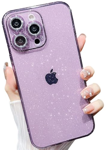 MINSCOSE Compatible with iPhone 13 Pro Max Case,Cute Neon Bright Color with Bling Glitter Diamond Camera Protector, Clear Crystal Phone Case for Women Girls-Dark Purple