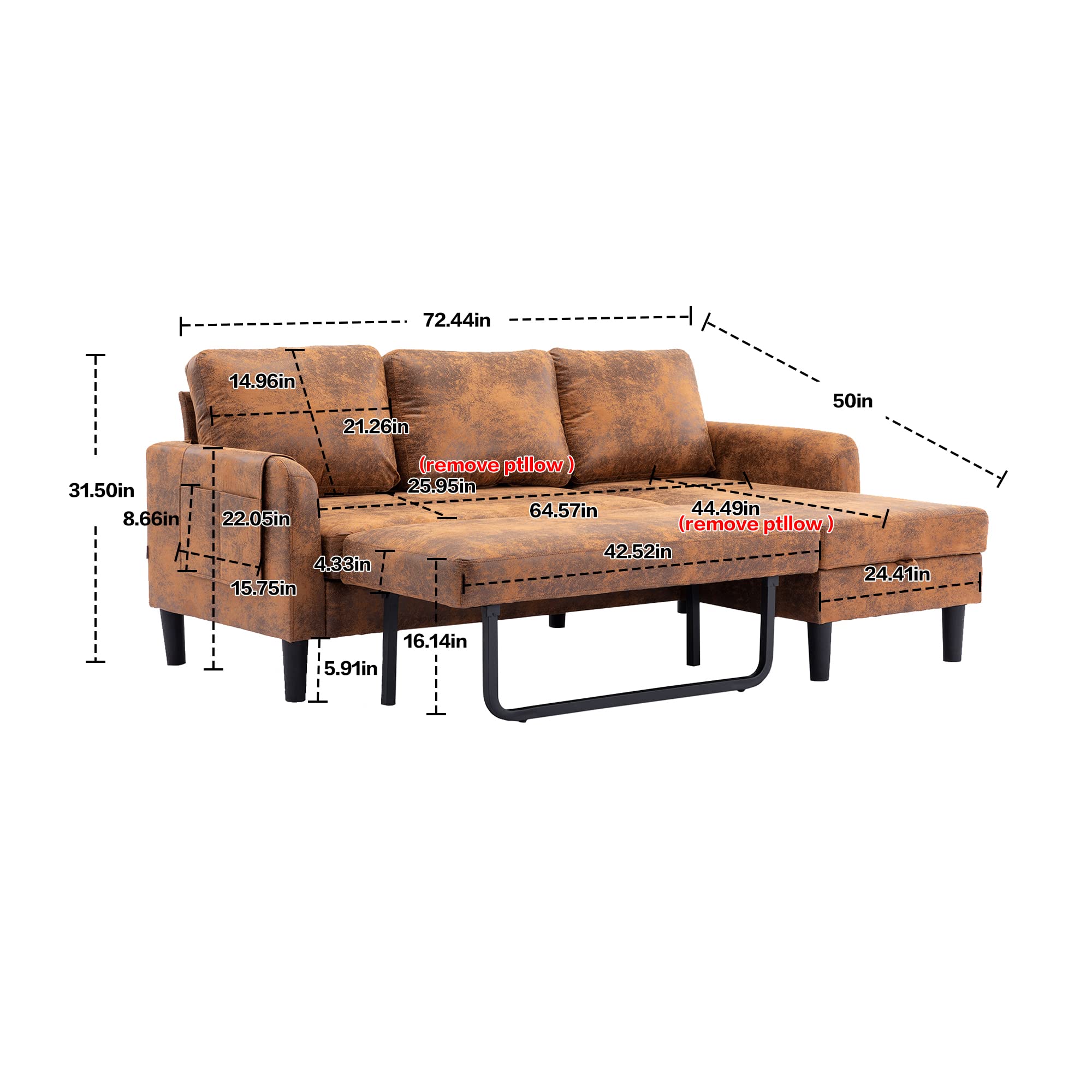 Eafurn 3 Seater Sectional Sofa with Chaise Lounge and Storage,L Shaped Convertible Couch Pull Out Bed,Comfy Velvet Upholstery Corner Sofa & Couches Button Tufted Living Room Furniture Sets