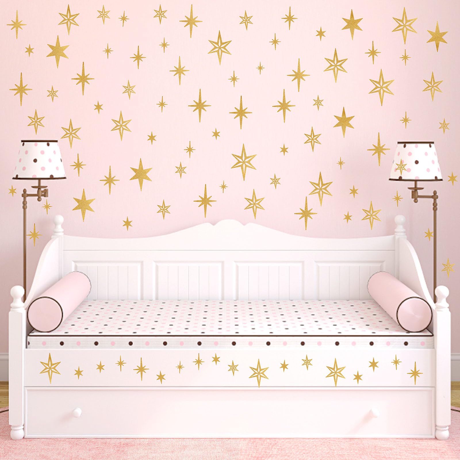 Gold Star Wall Decals Metallic Vinyl Star Wall Stickers Gold Sticker Wall Decor Sparkle Starburst Wall Decals Peel and Stick Retro Star Wall Stickers for Bedroom Living Room Decor
