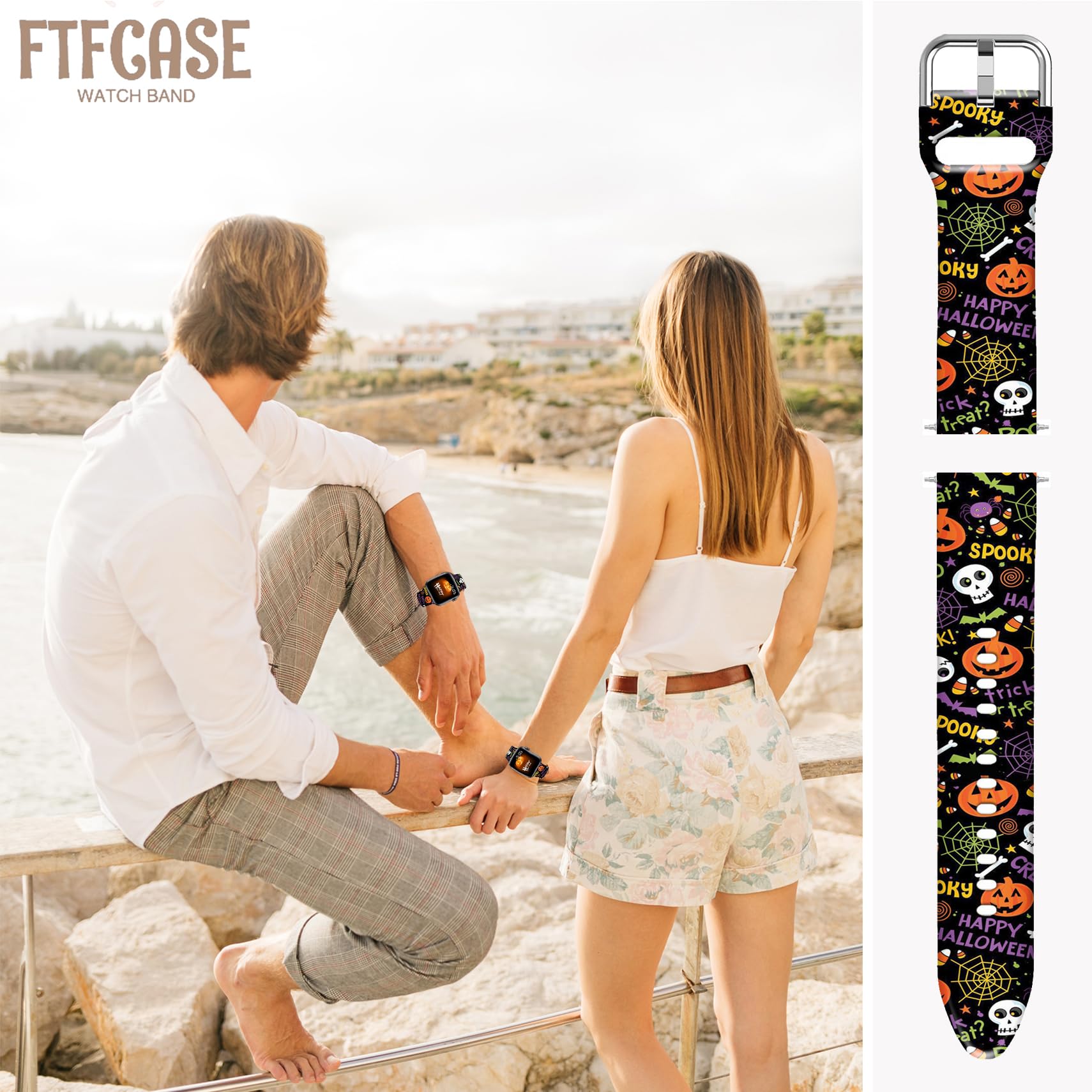 FTFCASE 20mm Floral Silicone Sport Bands Compatible for Samsung Galaxy Wacth 7/6/5/4/3/5 Pro/6&4 Classic/Wacth Active 2&1, Happy Halloween Strap for Galaxy Watch 40/41/42/43/44/45/46/47mm Women Men