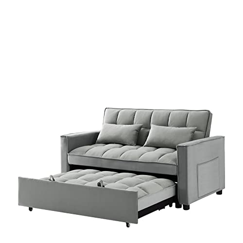 Eafurn 3 in 1 Sleeper Bed,Convertible Pull Out Loveseat with Reclining Backrest,Comfy 2 Seater Love Seat Lounge Sofa & Couches for Living Room Sofabed, Grey Button Tufted w/ 2 Lumbar Pillows