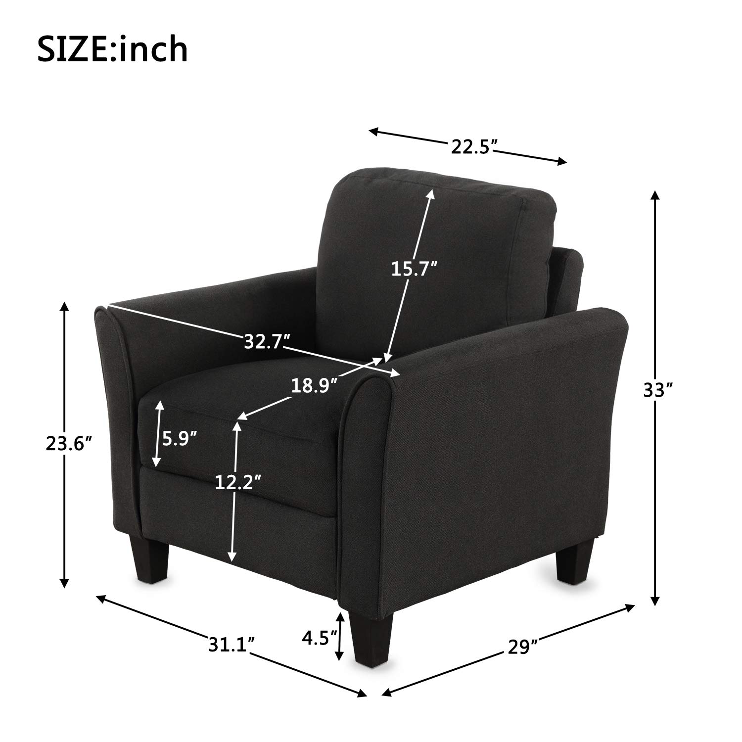 FIQHOME Accent Living Room,Furniture Armrest, Mid Century Modern Armchair with Pillow,Comfortable Single Sofa Chairs for Bedroom, Home Office(Black)