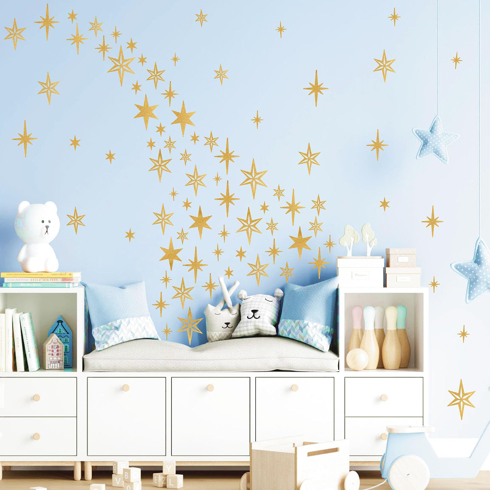 Gold Star Wall Decals Metallic Vinyl Star Wall Stickers Gold Sticker Wall Decor Sparkle Starburst Wall Decals Peel and Stick Retro Star Wall Stickers for Bedroom Living Room Decor