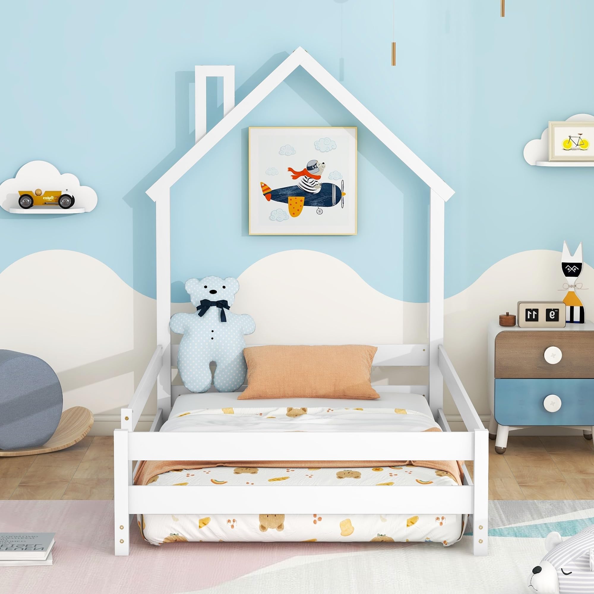 Floor Bed with Rails, Twin Size Montessori Bed with House Shape Headboard and Fence, Wood Floor Bed Frame for Kids Boys Girls, Box Spring Needed, White