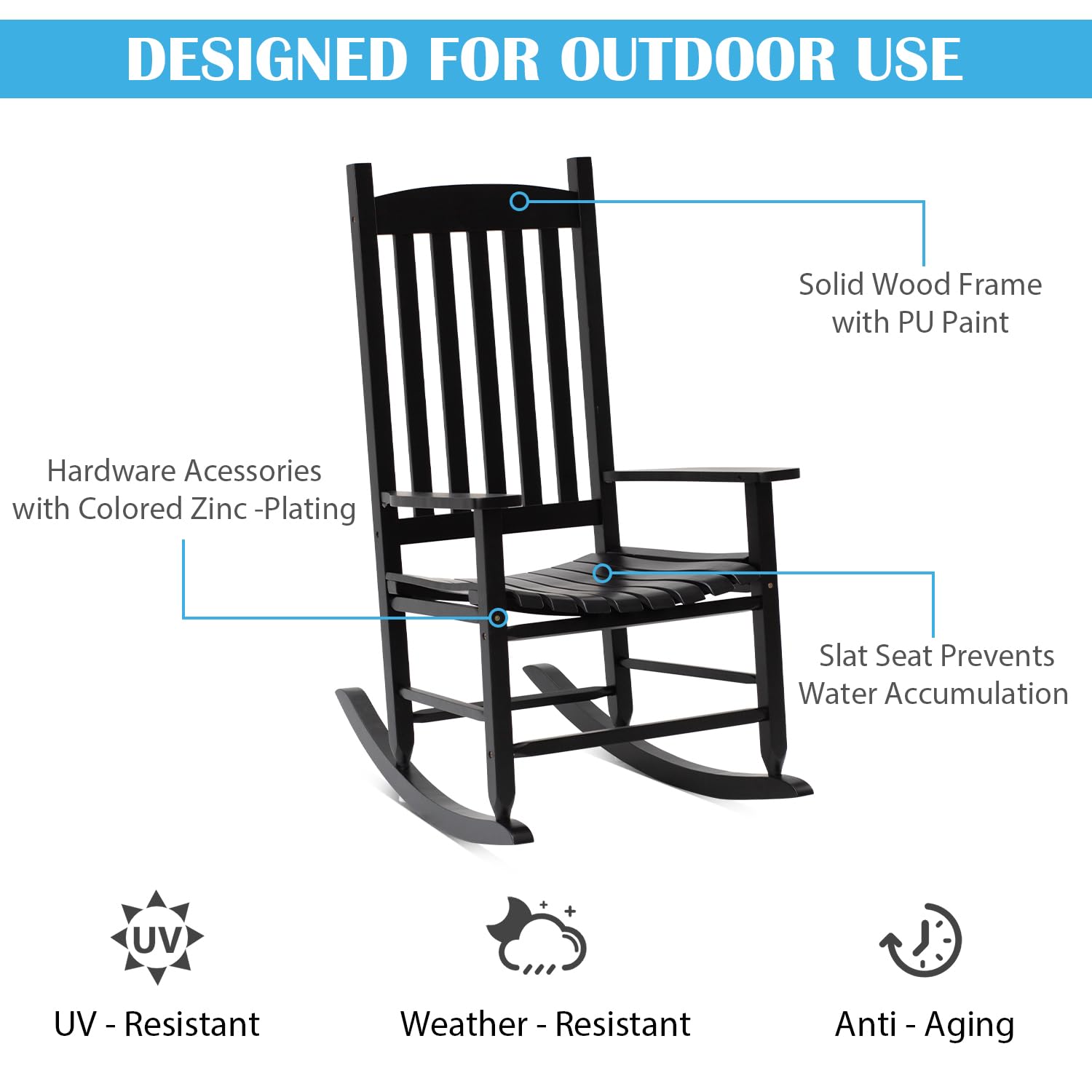 Outdoor Rocking Chairs, Wooden Rocking Chair with a Curved Seat & a High Slatted Backrest, Rocking Chairs with Wide Arms, Black Rocking Chair with Load Bearing 243 lbs for Patio Backyard Porch Garden