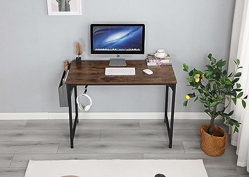 40 Inch Home Office Writing Small Desk Study Computer Desk Simple Style Pc Table Black Metal Frame Brown (40Inch, Brown)