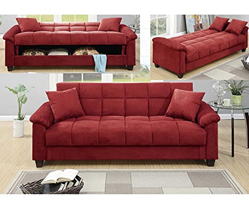 TONAUA Contemporary Living Room Adjustable Sofa Red Color Microfiber Plush Storage Couch 1pc Futon Sofa w Pillows
