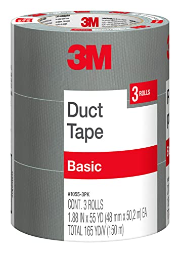 3M Basic Duct Tape, Silver Duct Tape for Temporary Repairs, 3M Duct Tape for Indoor Use, 1.88 Inches x 55 Yards, 3 Rolls
