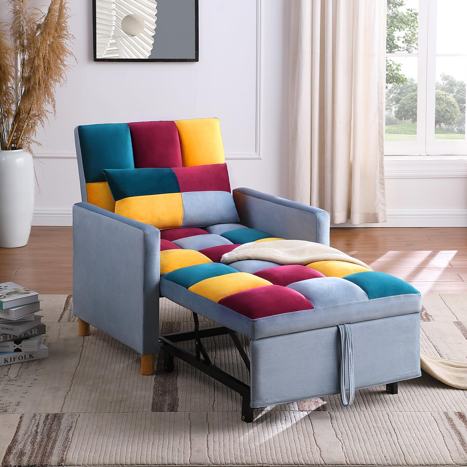 KJGJ 3 in 1 Convertible Sleeper Sofa Chair Bed Adjustable Sleeper Bed Chair with Pillow Multi-Functional Sleeper Chair with Soft Velvet Perfect for Living Room Bedroom or Office (Colorful)