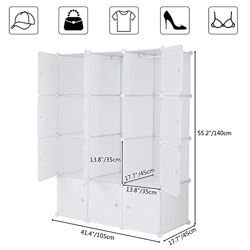 Modular Cube Organizer with Hanging Rod 12 Cube Stackable Plastic Wardrobe Cabinet with White Doors - Portable Closet Wardrobe