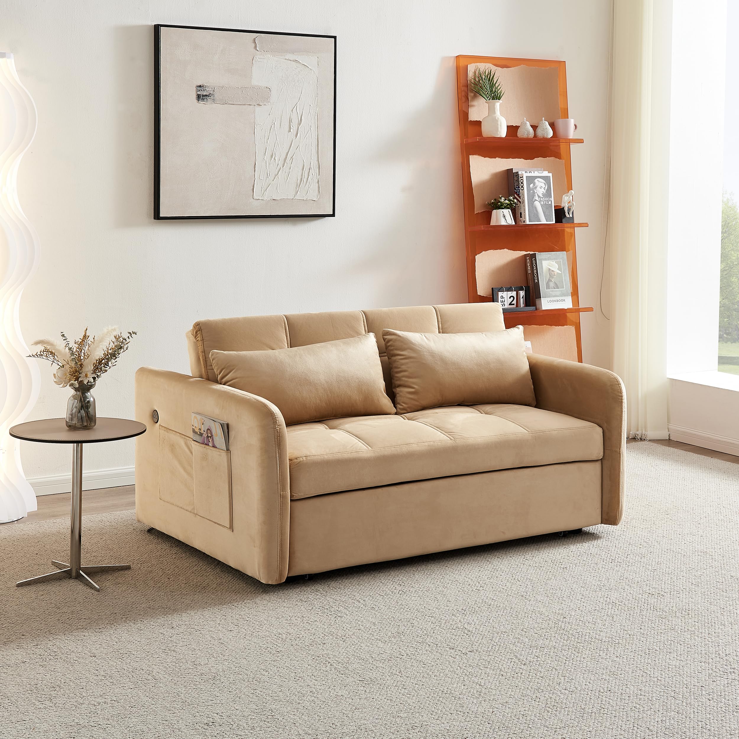 Eafurn 3 in 1 Sleeper Couch Sofa Bed,Convertible Pull Out Loveseat with Adjustable Backrest and Side Pocket,Comfy 2 Seater Love Seat Lounge Futon Sofa & Couches for Living Room Apartment Small Places