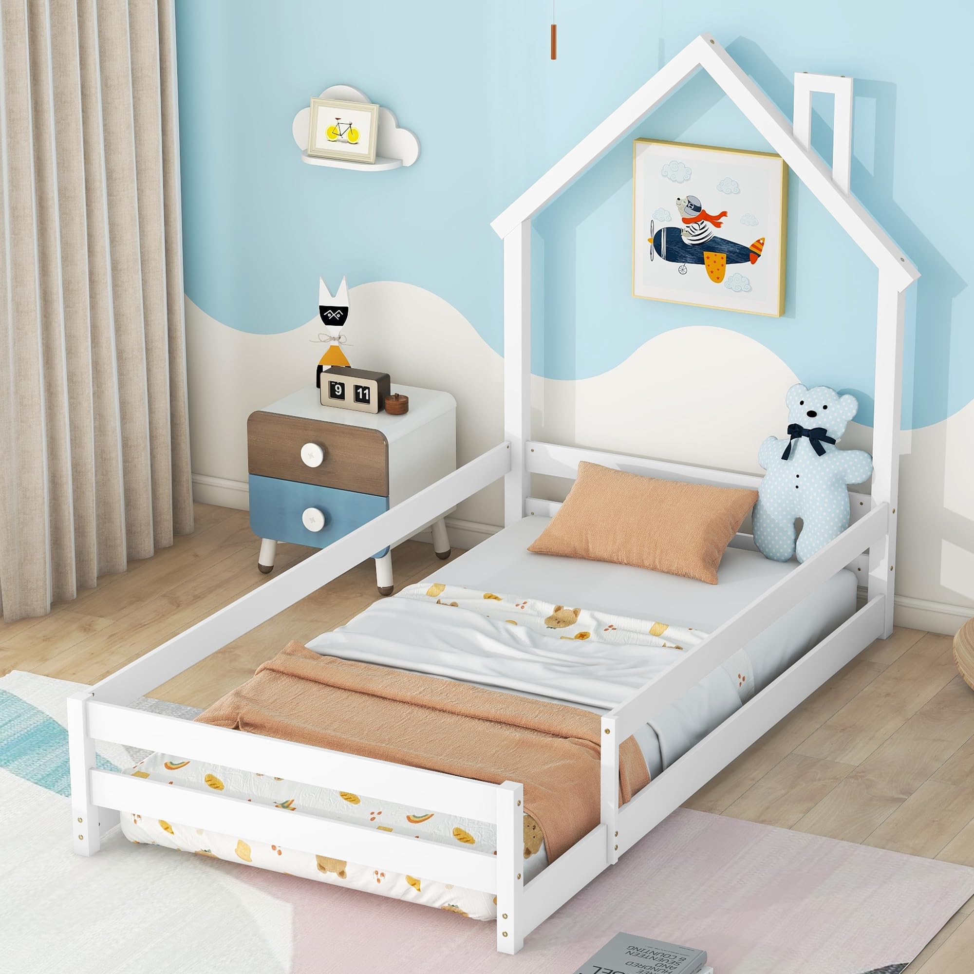 Floor Bed with Rails, Twin Size Montessori Bed with House Shape Headboard and Fence, Wood Floor Bed Frame for Kids Boys Girls, Box Spring Needed, White