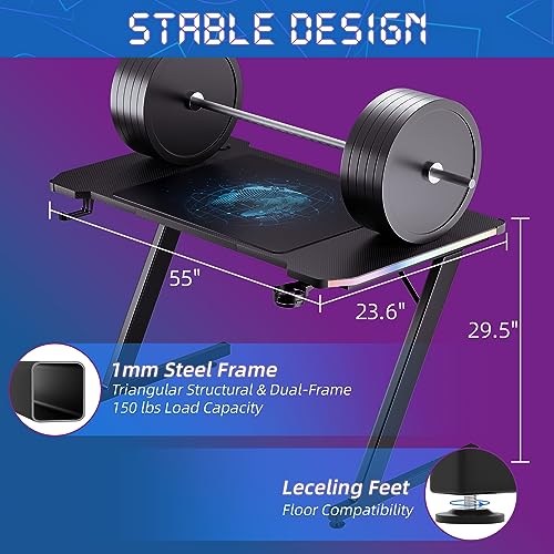 Kemon Gaming Desk with LED Lights, Z Shaped PC Gaming Table Computer Desk Ergonomic Home Office Desks, Carbon Fibre Surface Gamer Workstation with Mouse Pad, Cup Holder and Headphone Hook (63 inch)
