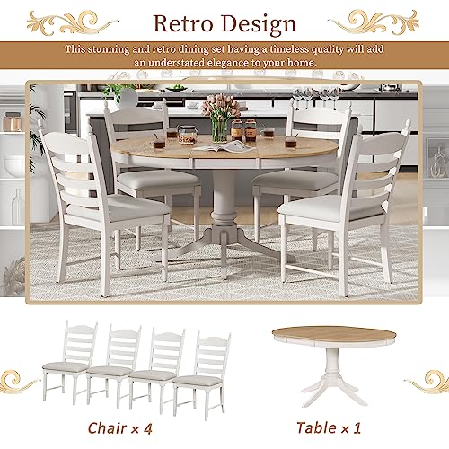Tensun Dining Table Set, 5-Piece Retro Functional Dining Table Set, Wood Round Extendable Kitchen Table and 4 Upholstered Dining Chairs with Backrest for Kitchen, Living Room, Off White