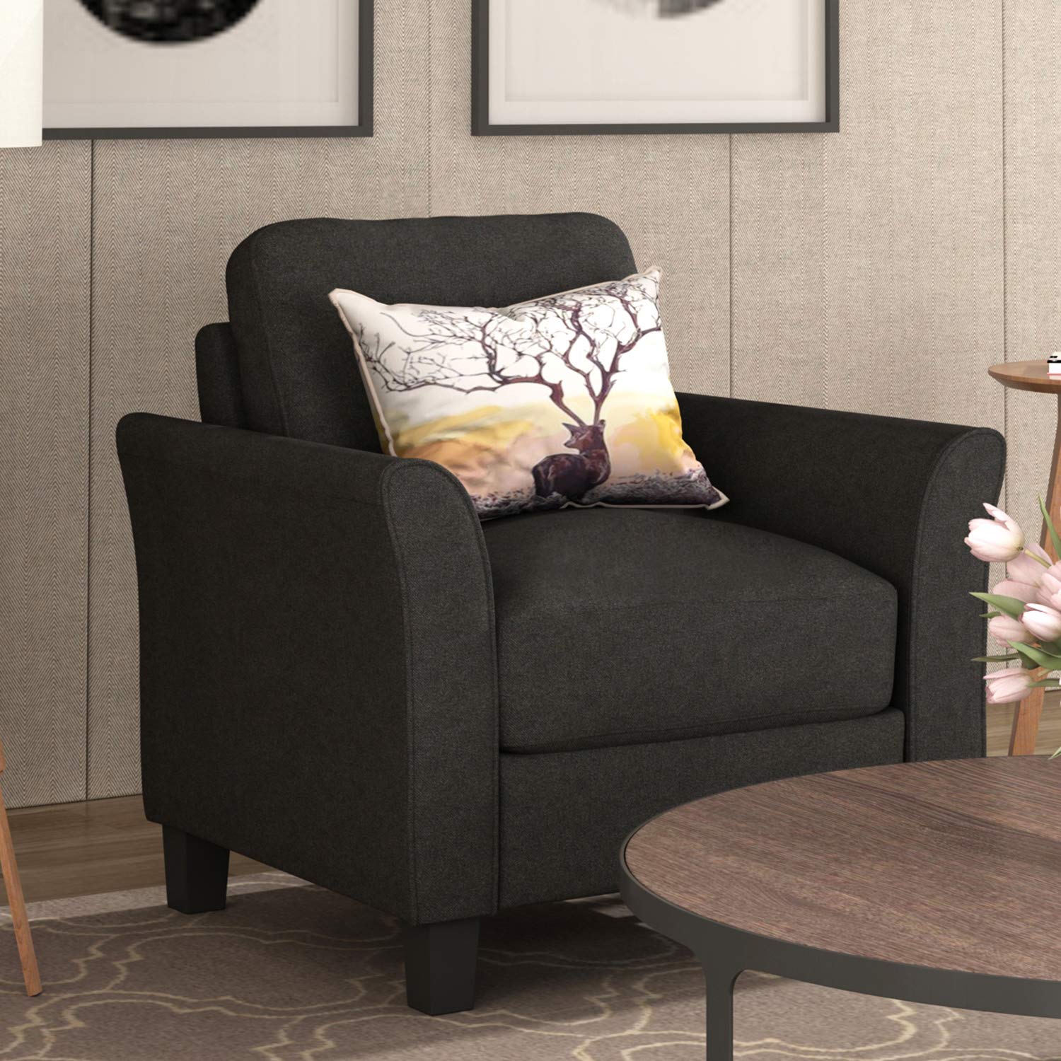 FIQHOME Accent Living Room,Furniture Armrest, Mid Century Modern Armchair with Pillow,Comfortable Single Sofa Chairs for Bedroom, Home Office(Black)