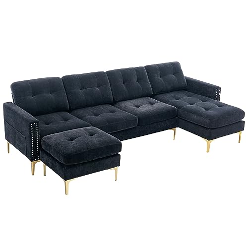 UBGO 110" Large Sofa,Living Room Furniture Sets,U/L-Shape Sectional Chaise Lounge and Convertible Ottoman,Velvet Couches for Apartment,Office (Black)