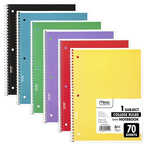 Mead Spiral Notebooks, 6 Pack, 1-Subject, College Ruled Paper, 10-1/2" x 7-1/2", 70 Sheets per Notebook, Assorted Colors (73065)