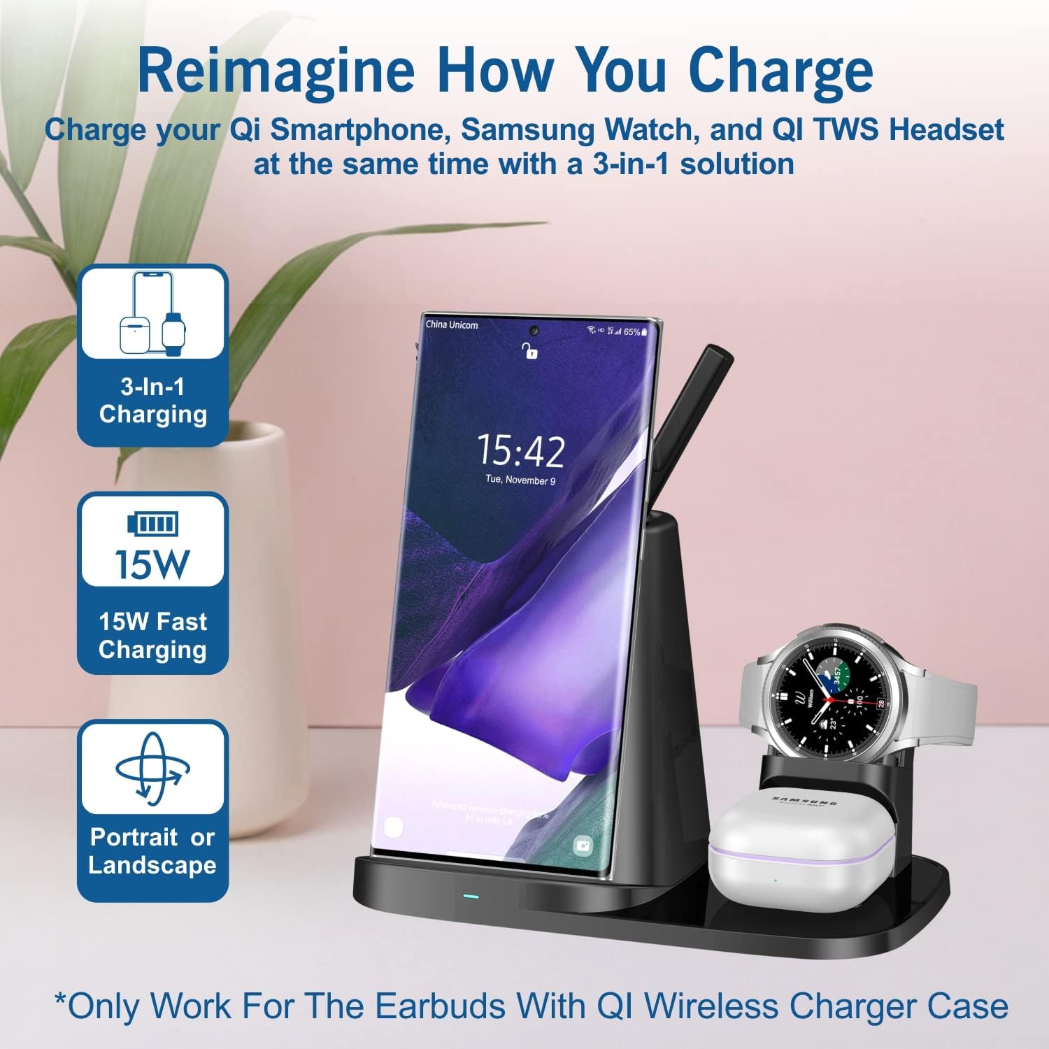 UKERSO 4 in 1 Charging Station for Samsung S23 Ultra Plus S22 S21 S20 Note20 Z Flip 4/3 Z Fold,Fast Wireless Charger Stand Compatible with Galaxy Watch 5 Pro/4/3/Active 2/Gear S4,Buds
