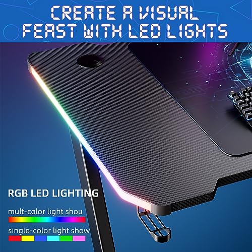 Kemon Gaming Desk with LED Lights, Z Shaped PC Gaming Table Computer Desk Ergonomic Home Office Desks, Carbon Fibre Surface Gamer Workstation with Mouse Pad, Cup Holder and Headphone Hook (63 inch)