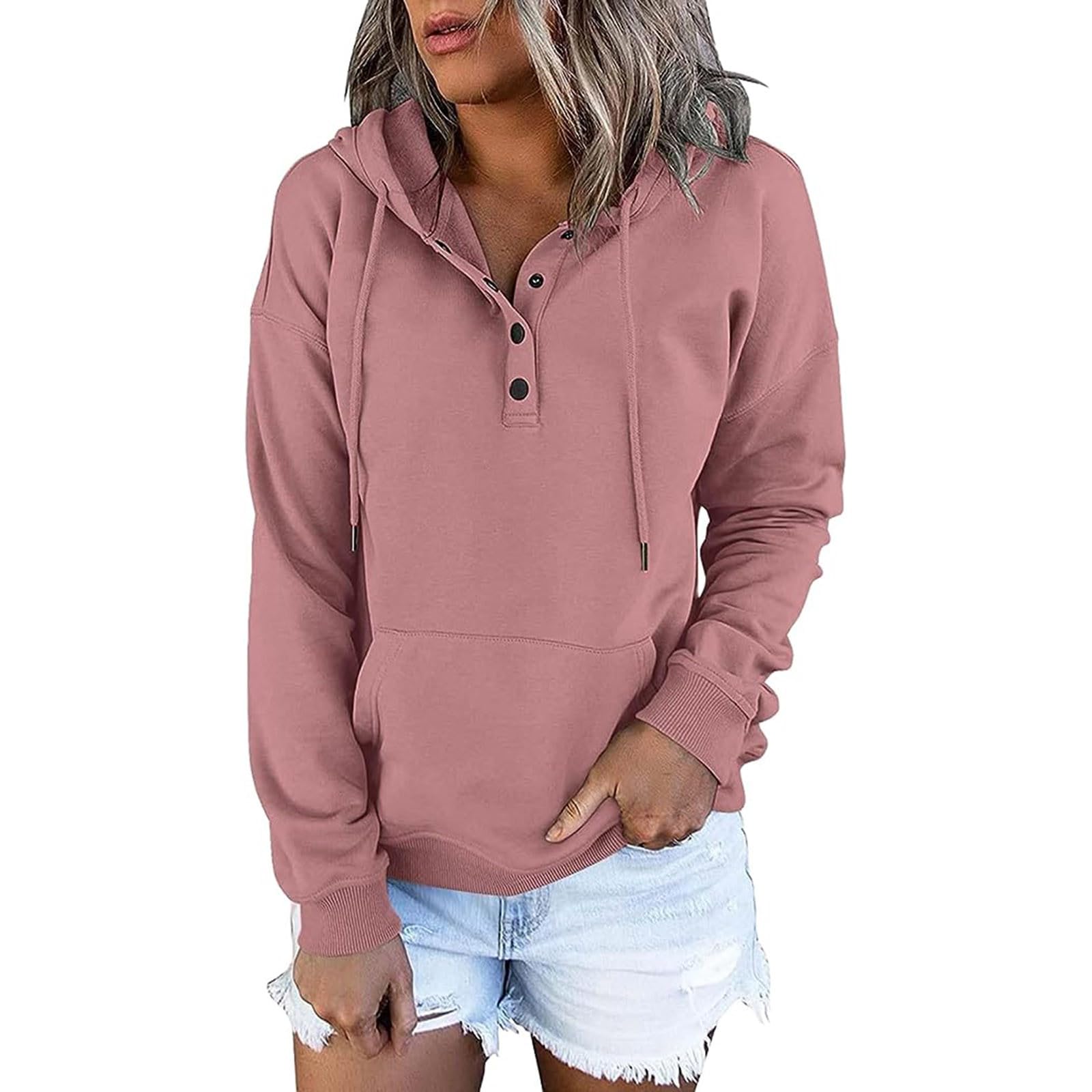 Clearance Items Womens Hoodies with Kangaroo Pocket Solid Color Loose Half Button Pullover Hoodie 2023 Fall Sweatshirts Clothing Amazon Clearance Items Liquidation Pallets Pink M