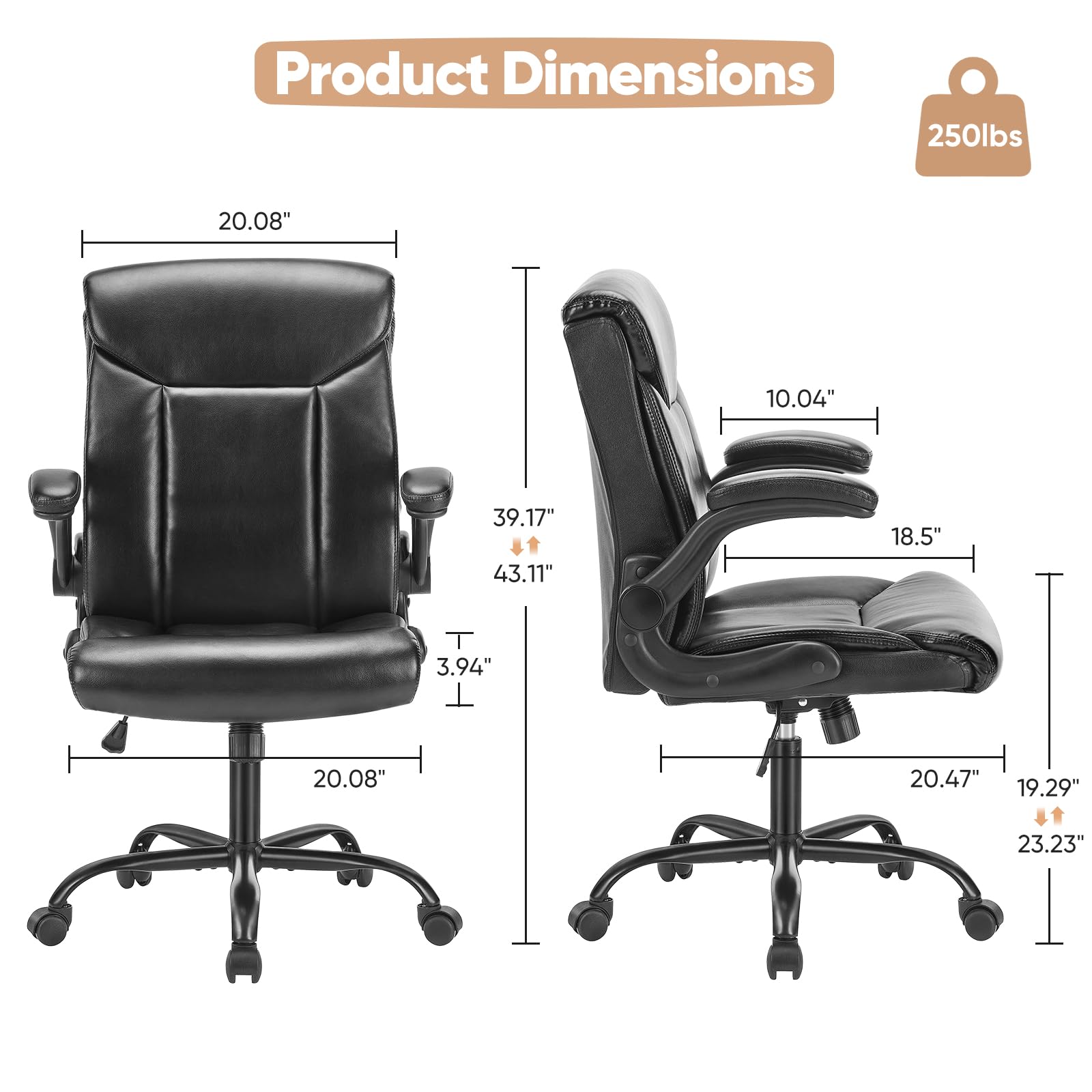 OLIXIS Ergonomic Home Office Desk Chair with Adjustable Flip-up Armrest and PU Leather Low Back Lumbar Support for Adult, Black