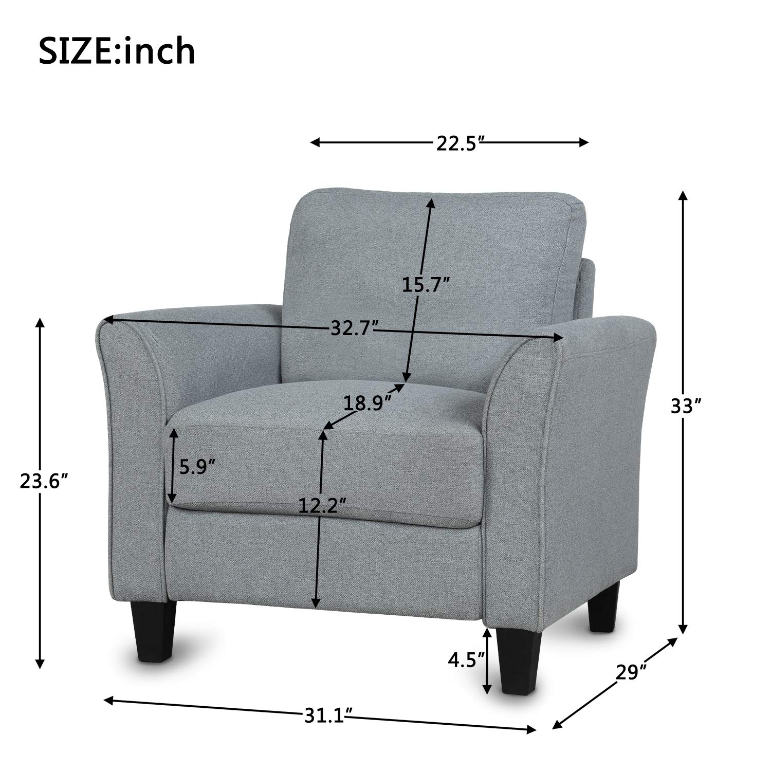 FIQHOME Accent Living Room,Furniture Armrest, Mid Century Modern Armchair with Pillow,Comfortable Single Sofa Chairs for Bedroom, Home Office(Gray)
