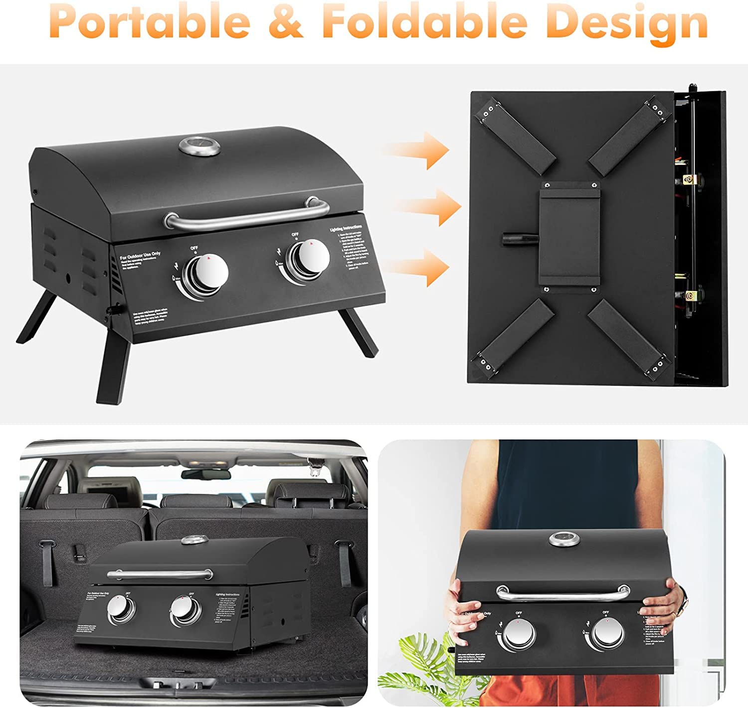 Grill Portable Gas Grill, 20,000 BTU Two Burner Tabletop Barbecue Grill w/Built-in Thermometer, Grease Tray, Waterproof Top Lid, Folding Legs, Compact Propane Grill for Backyard, Camping, Picnic