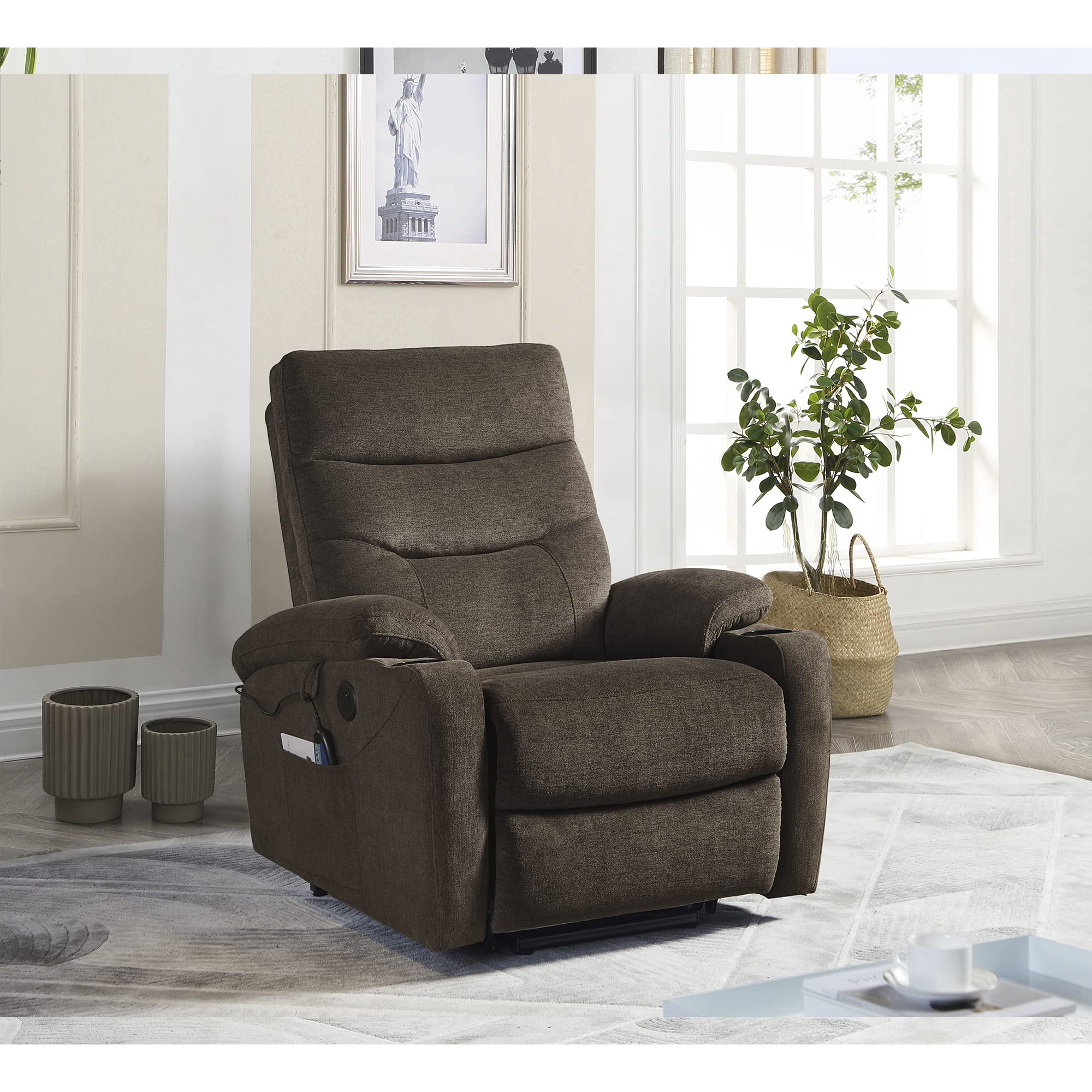 POCIYIHOME 35.5" Electric Power Lift Recliner Chair Sofa with 8 Vibrating Massage 1 Lumbar Heating Point for Elderly, 2 Side Pockets, Cup Holders, USB Ports, High-Tech Seat for Home (Dark Brown)