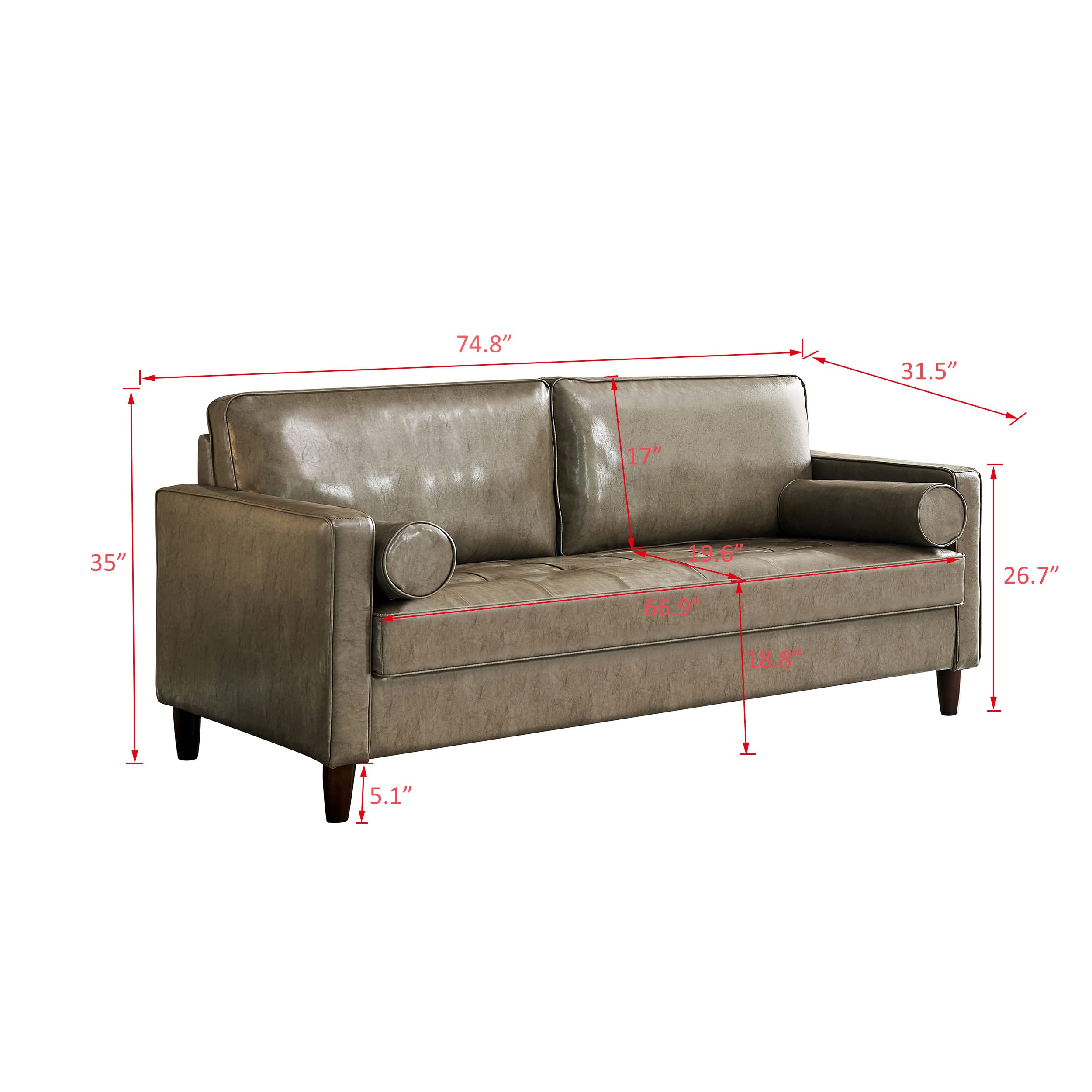 FIQHOME 74.8, Modern Mid-Century Vegan Leather, 3-Seat Sofas & Couches, for Living Room Apartment Office(Khaki)