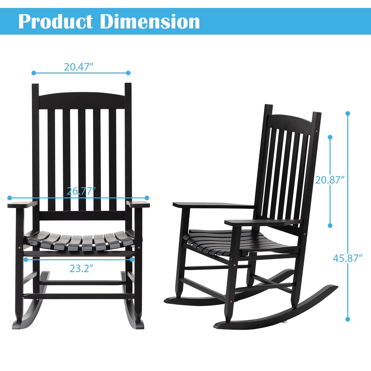 Outdoor Rocking Chairs, Wooden Rocking Chair with a Curved Seat & a High Slatted Backrest, Rocking Chairs with Wide Arms, Black Rocking Chair with Load Bearing 243 lbs for Patio Backyard Porch Garden