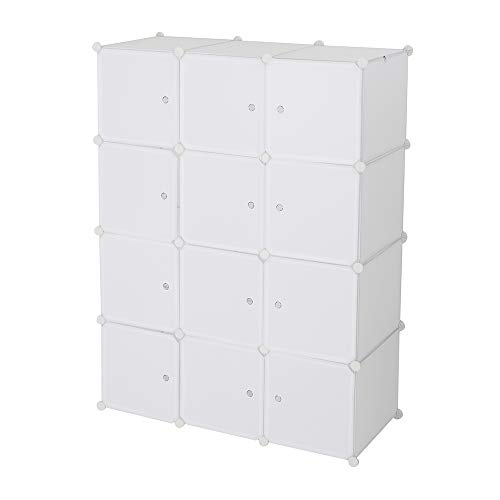 Modular Cube Organizer with Hanging Rod 12 Cube Stackable Plastic Wardrobe Cabinet with White Doors - Portable Closet Wardrobe