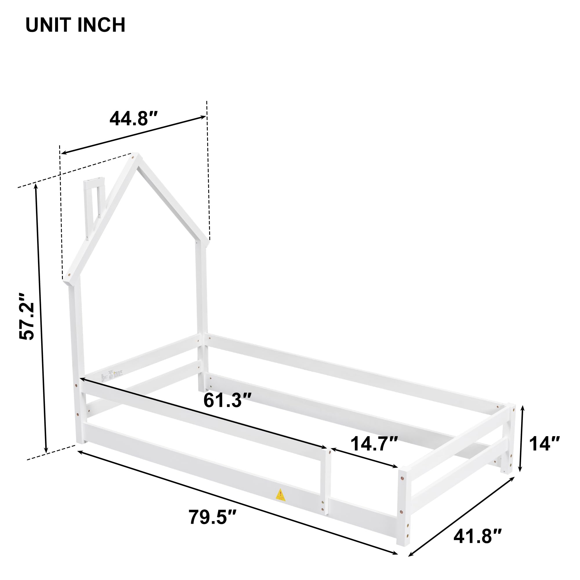 Floor Bed with Rails, Twin Size Montessori Bed with House Shape Headboard and Fence, Wood Floor Bed Frame for Kids Boys Girls, Box Spring Needed, White