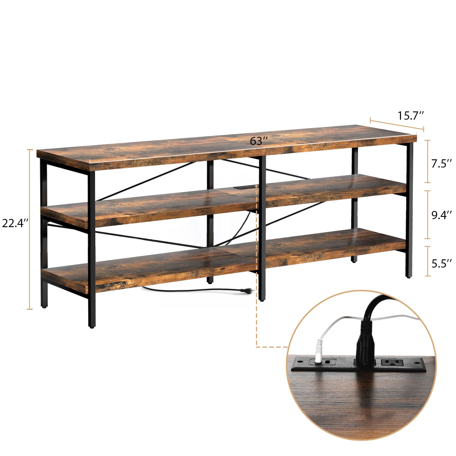 VOWNER TV Stand with Power Outlets up to 70 Inches, 63'' Entertainment Center for Living Room, TV Console Table with Open Storage Shelves, Rustic Brown