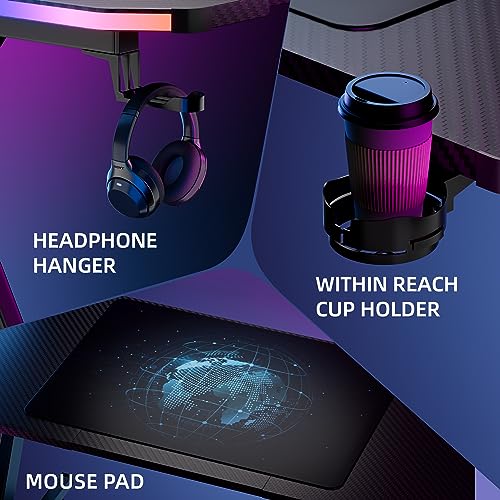 Kemon Gaming Desk with LED Lights, Z Shaped PC Gaming Table Computer Desk Ergonomic Home Office Desks, Carbon Fibre Surface Gamer Workstation with Mouse Pad, Cup Holder and Headphone Hook (63 inch)