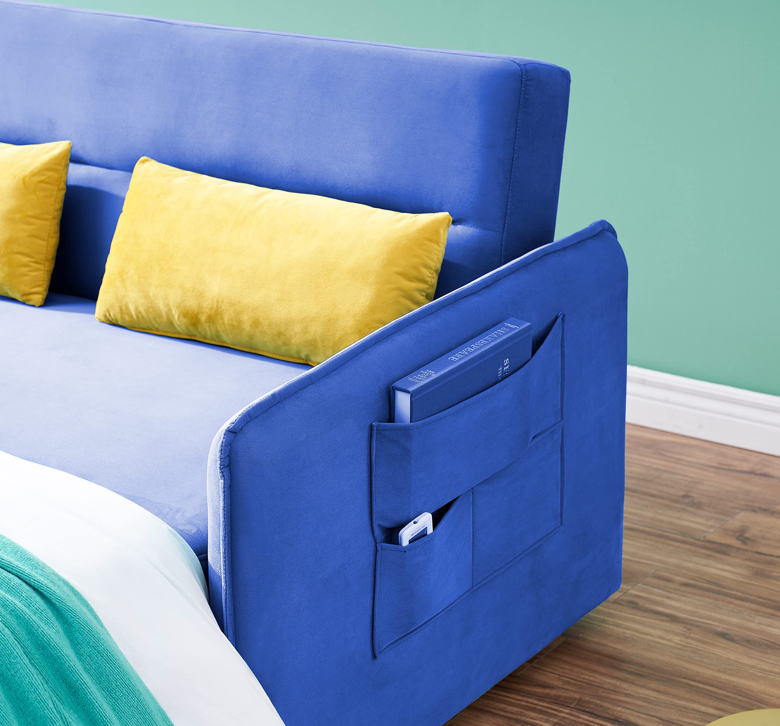 Eafurn Sofa Bed Sleeper, Blue Couch with Side Pockets and Pillows