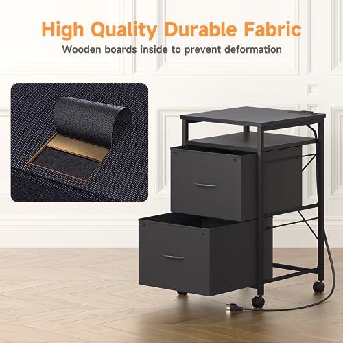 Uliyati File Cabinet, Fabric Filing Cabinet with Socket & USB Charging Port, Vertical Rolling Printer Stand with 2 Drawers, Mobile Filing Cabinet with Open Shelf, A4 or Letter Size, for Home Office