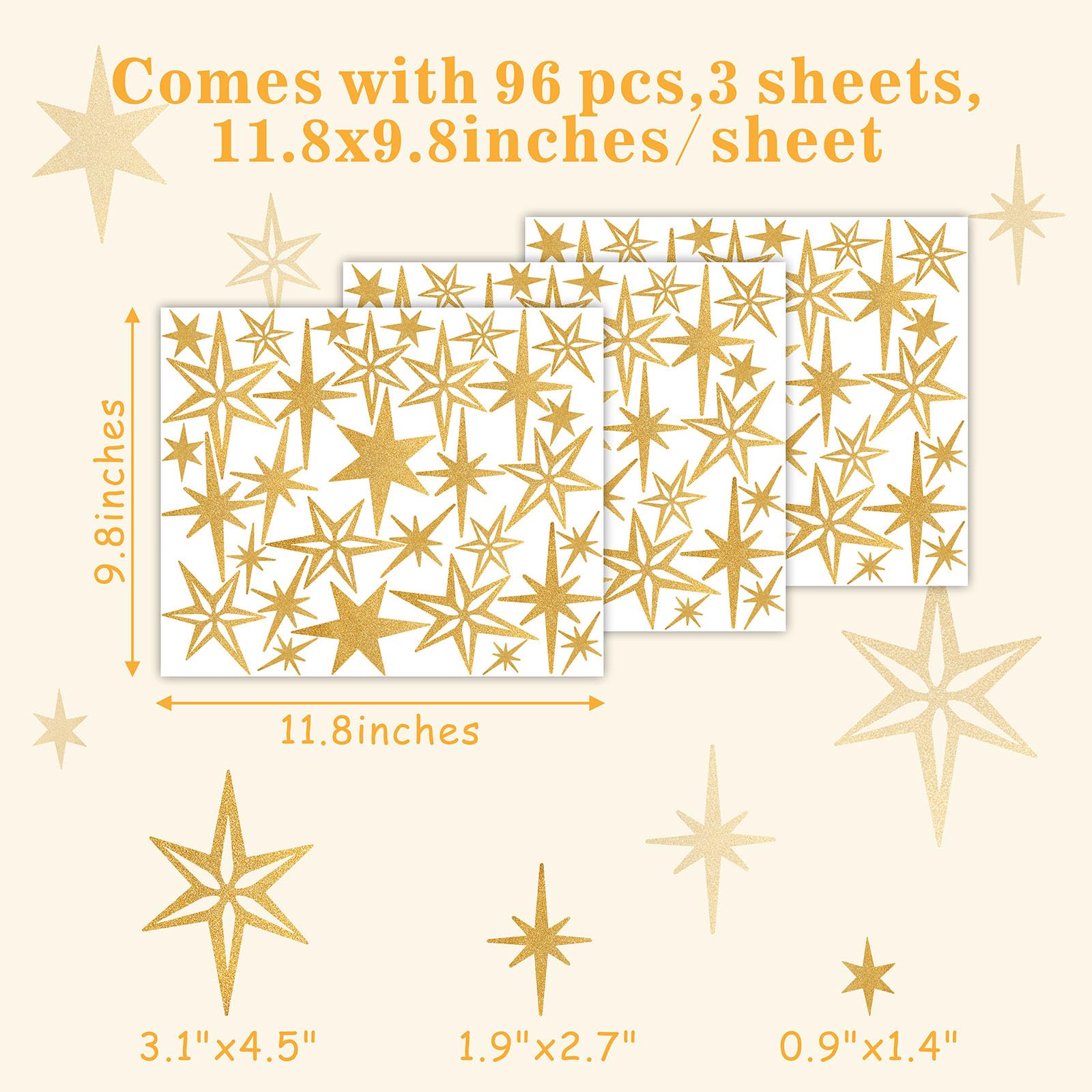 Gold Star Wall Decals Metallic Vinyl Star Wall Stickers Gold Sticker Wall Decor Sparkle Starburst Wall Decals Peel and Stick Retro Star Wall Stickers for Bedroom Living Room Decor
