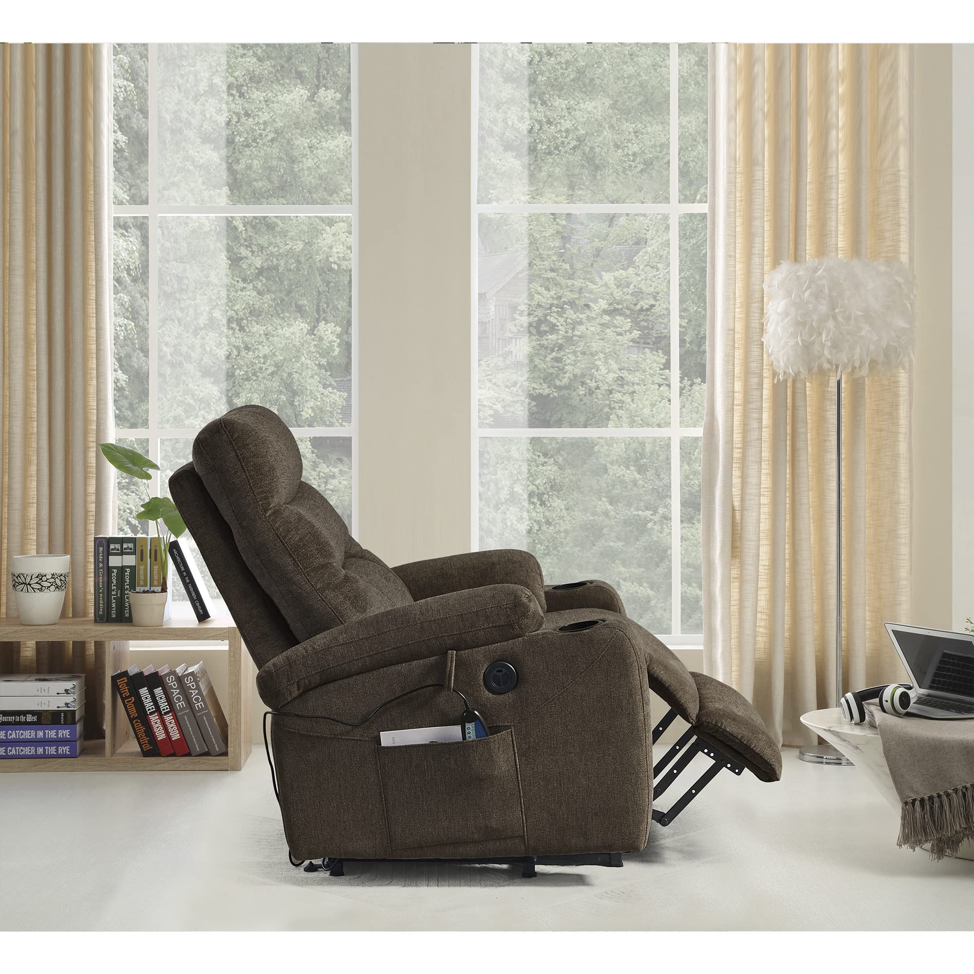 POCIYIHOME 35.5" Electric Power Lift Recliner Chair Sofa with 8 Vibrating Massage 1 Lumbar Heating Point for Elderly, 2 Side Pockets, Cup Holders, USB Ports, High-Tech Seat for Home (Dark Brown)
