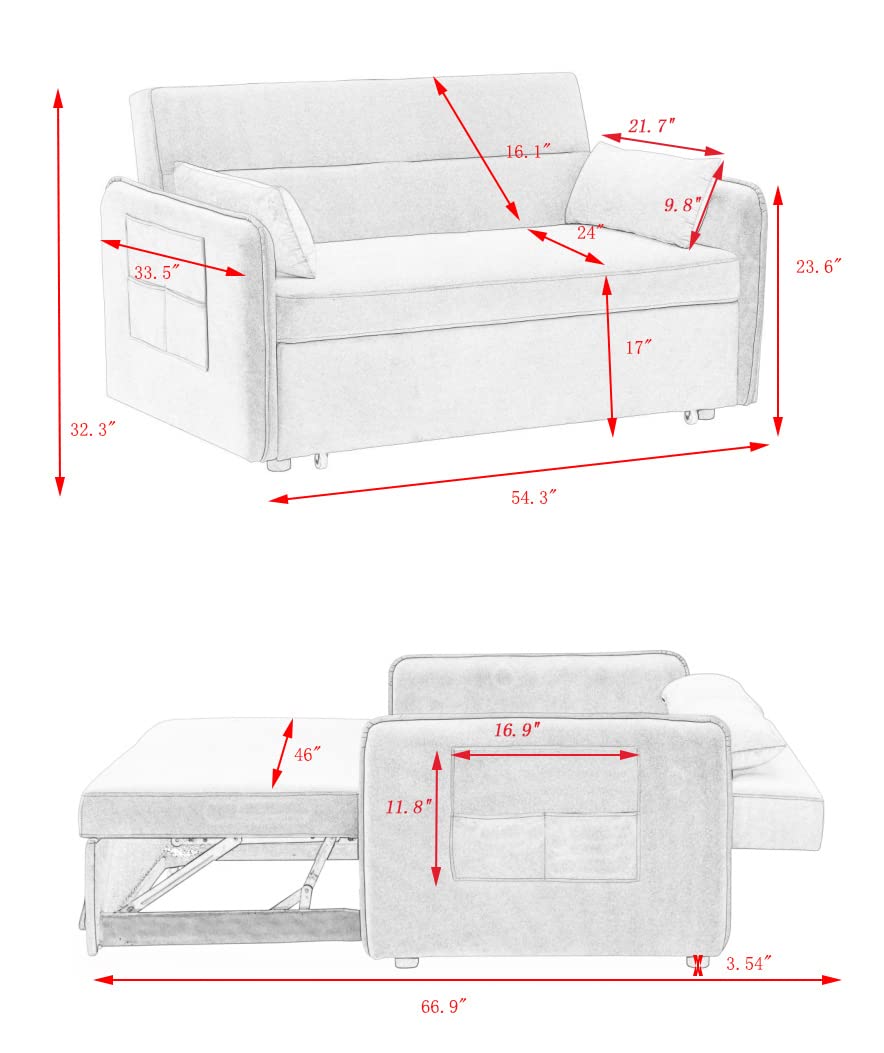 Eafurn Sofa Bed Sleeper, Blue Couch with Side Pockets and Pillows