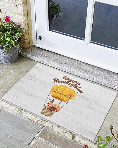 Savannan Floor Mats,Happy Thanksgiving Cartoon Turkey in Pumpkin Shaped Hot Air Balloon Wooden Non Slip Latex Backing Ultrathin Loop Pile Door Rugs for Dining Room Office Home Decor 24"x32"