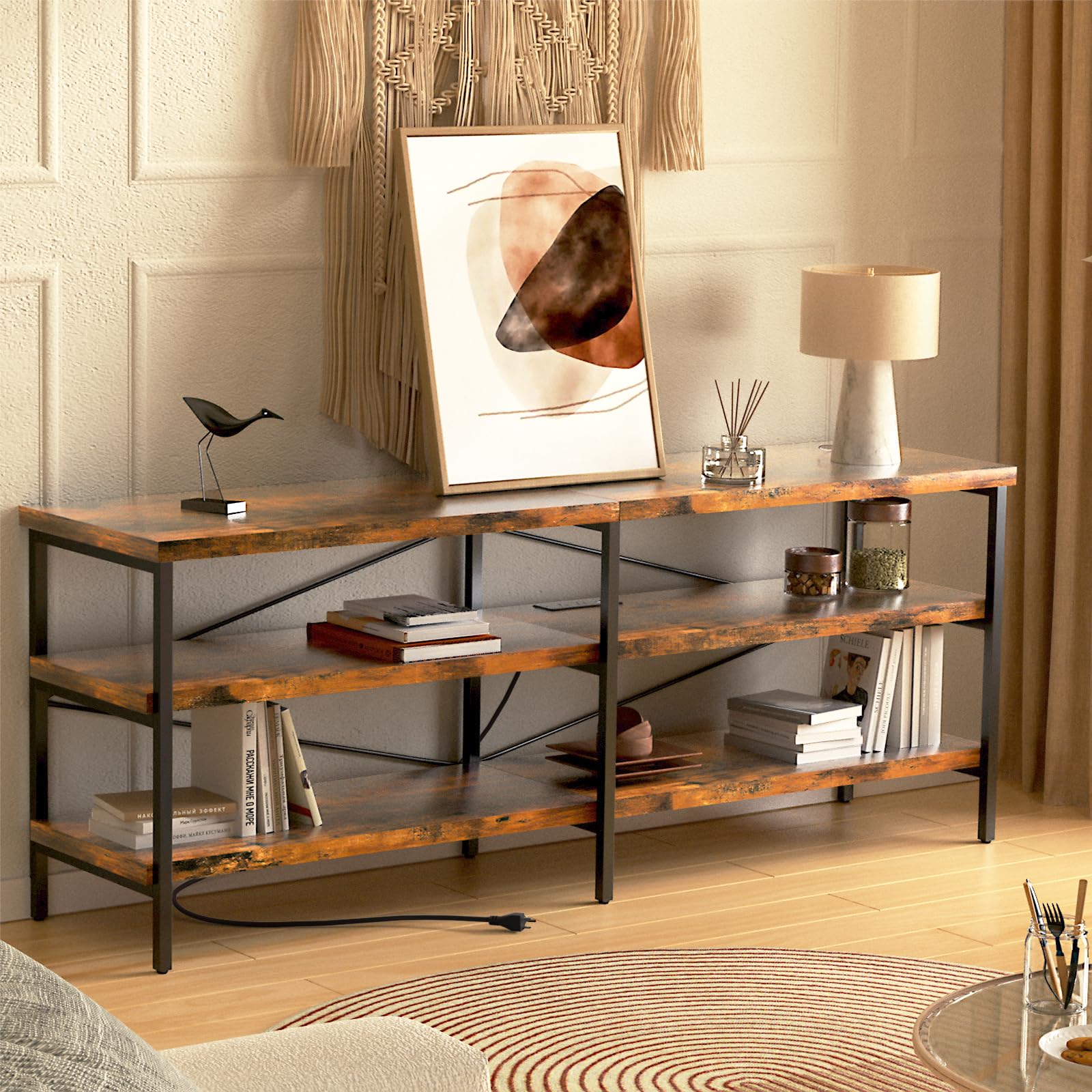 VOWNER TV Stand with Power Outlets up to 70 Inches, 63'' Entertainment Center for Living Room, TV Console Table with Open Storage Shelves, Rustic Brown