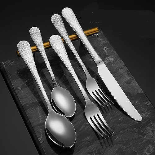 Hammered Silverware Set 16 Pieces Stainless Steel Flatware Set for 4, Mirror Polished Tableware Cutlery Set for Home Kitchen Restaurant Hotel, Kitchen Utensils Set, Modern Design, Dishwasher Safe
