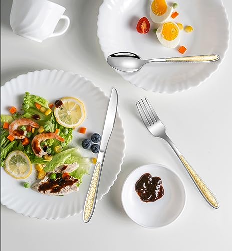 Silverware Set Cutlery Utensil Flatware Food-Grade Stainless Steel Luxury Relief Plating Retro Golden Handle Home Restaurant Small Business,Mirror Finish Tableware 24 Piece Service for 6