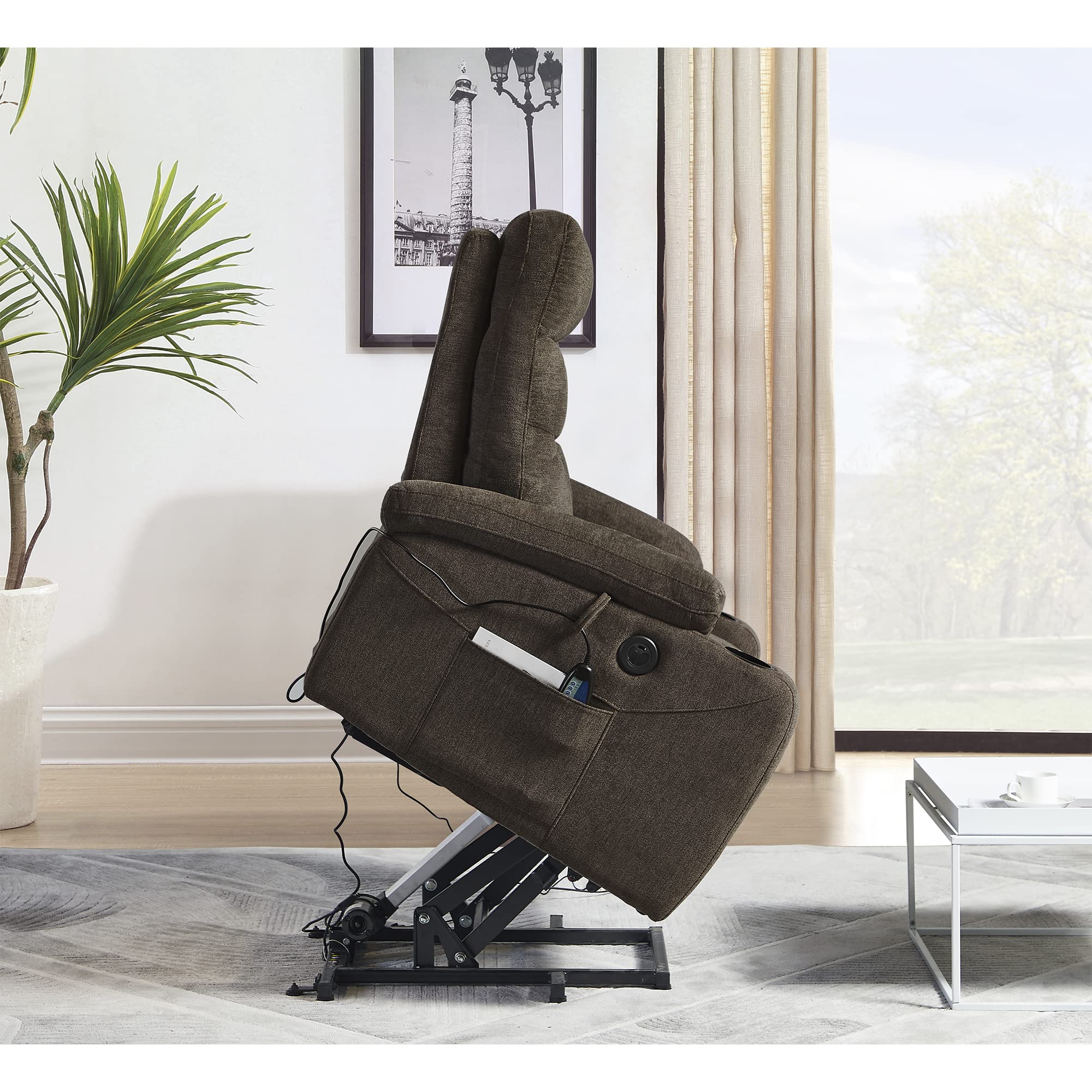 POCIYIHOME 35.5" Electric Power Lift Recliner Chair Sofa with 8 Vibrating Massage 1 Lumbar Heating Point for Elderly, 2 Side Pockets, Cup Holders, USB Ports, High-Tech Seat for Home (Dark Brown)