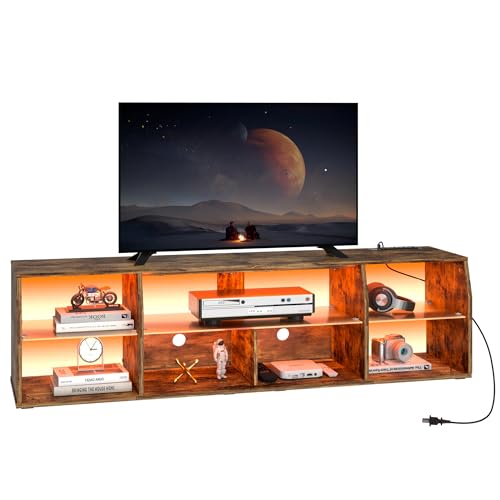 VECELO LED TV Stand for 70 inch Entertainment Center with Power Outlets, Industrial Television Cabinet with 7 Open Storage Shelves, for Living Room and Bedroom, Retro Brown, 70inch