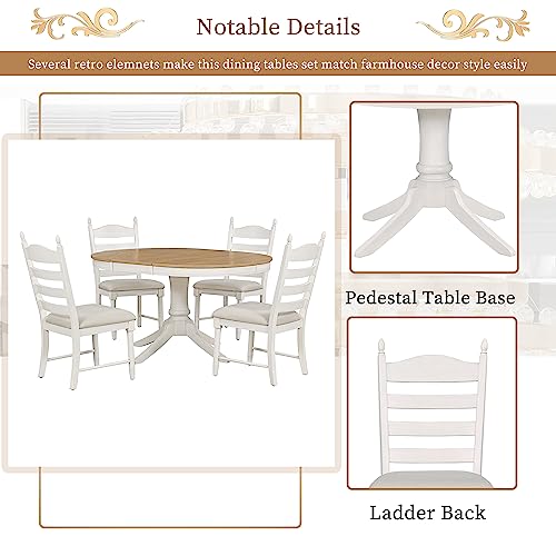 Tensun Dining Table Set, 5-Piece Retro Functional Dining Table Set, Wood Round Extendable Kitchen Table and 4 Upholstered Dining Chairs with Backrest for Kitchen, Living Room, Off White